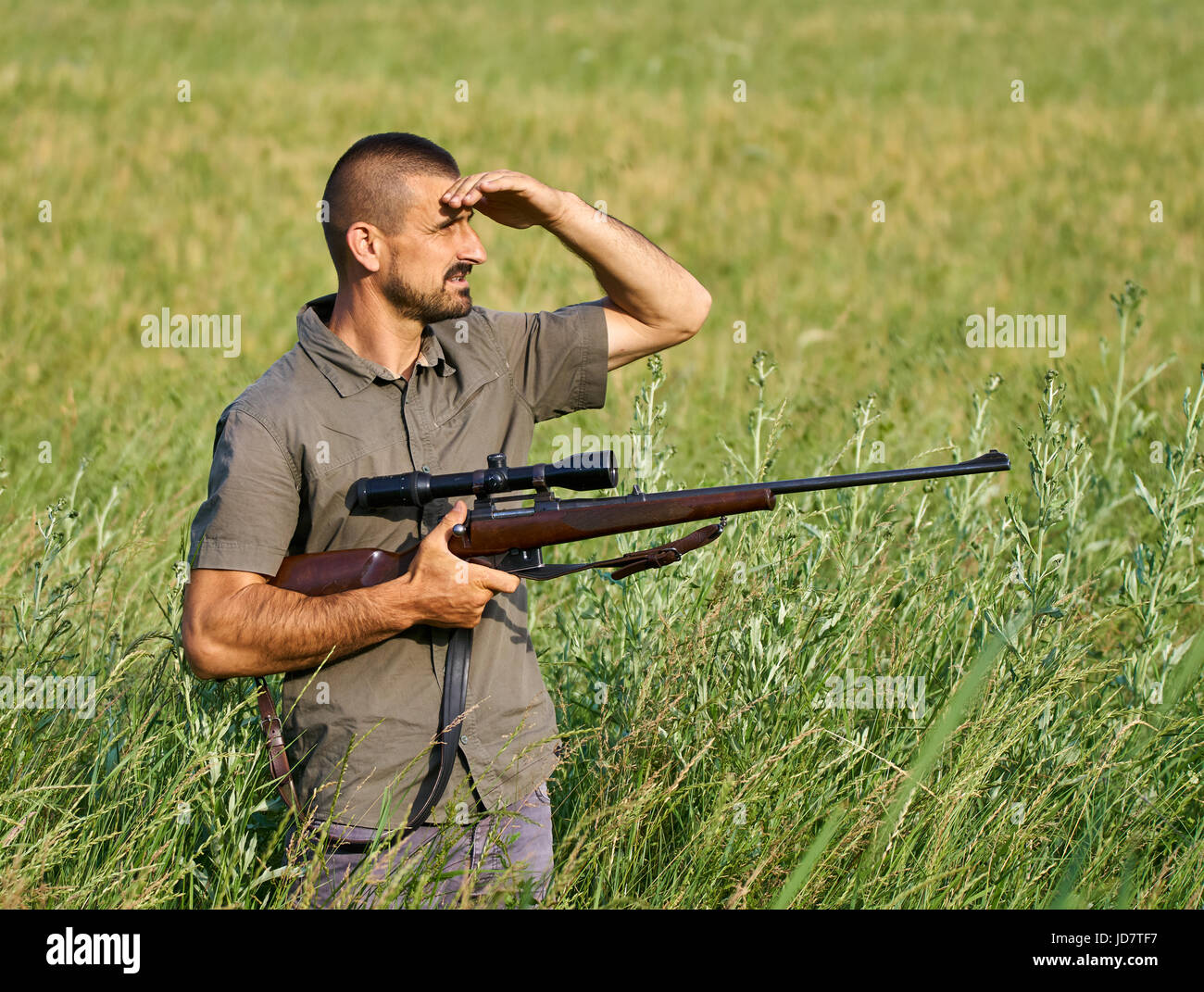 Wildlife gamekeeper or ranger with rifle in a field Stock Photo - Alamy