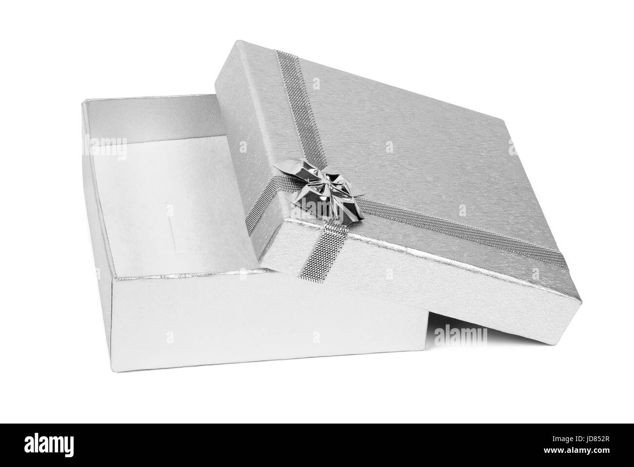 Open silver decorative present box isolated on white background with ...
