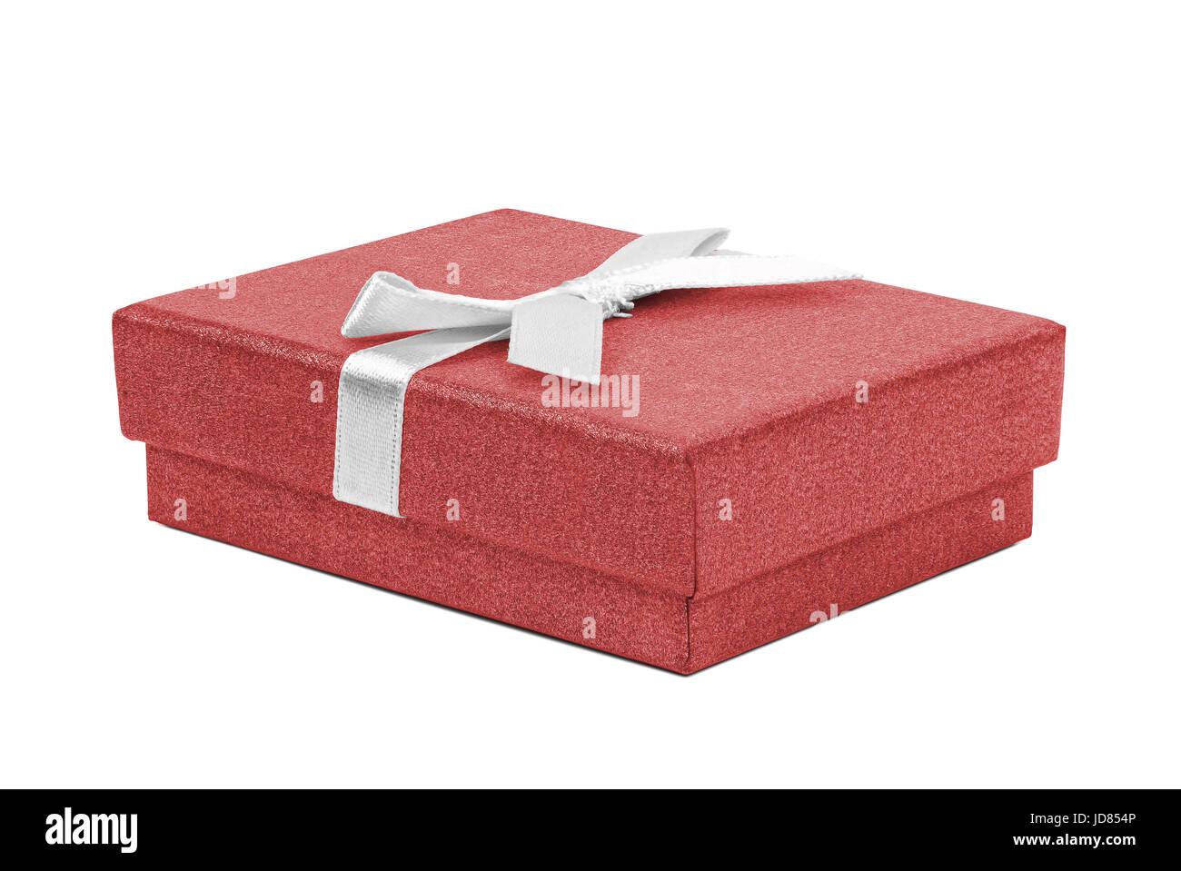 Red decorative present box with white ribbon isolated on white ...