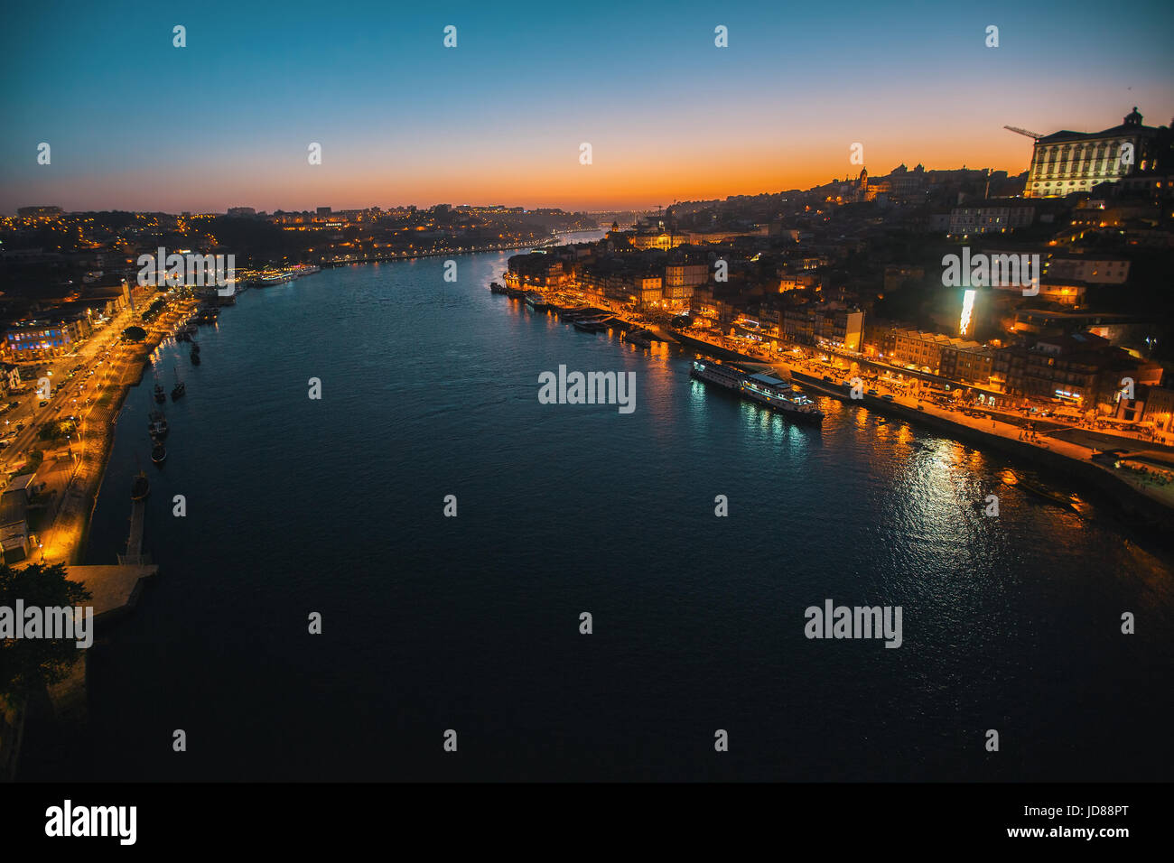 Night view of the Douro river from Dom Luis I bridge, Porto, Portugal ...