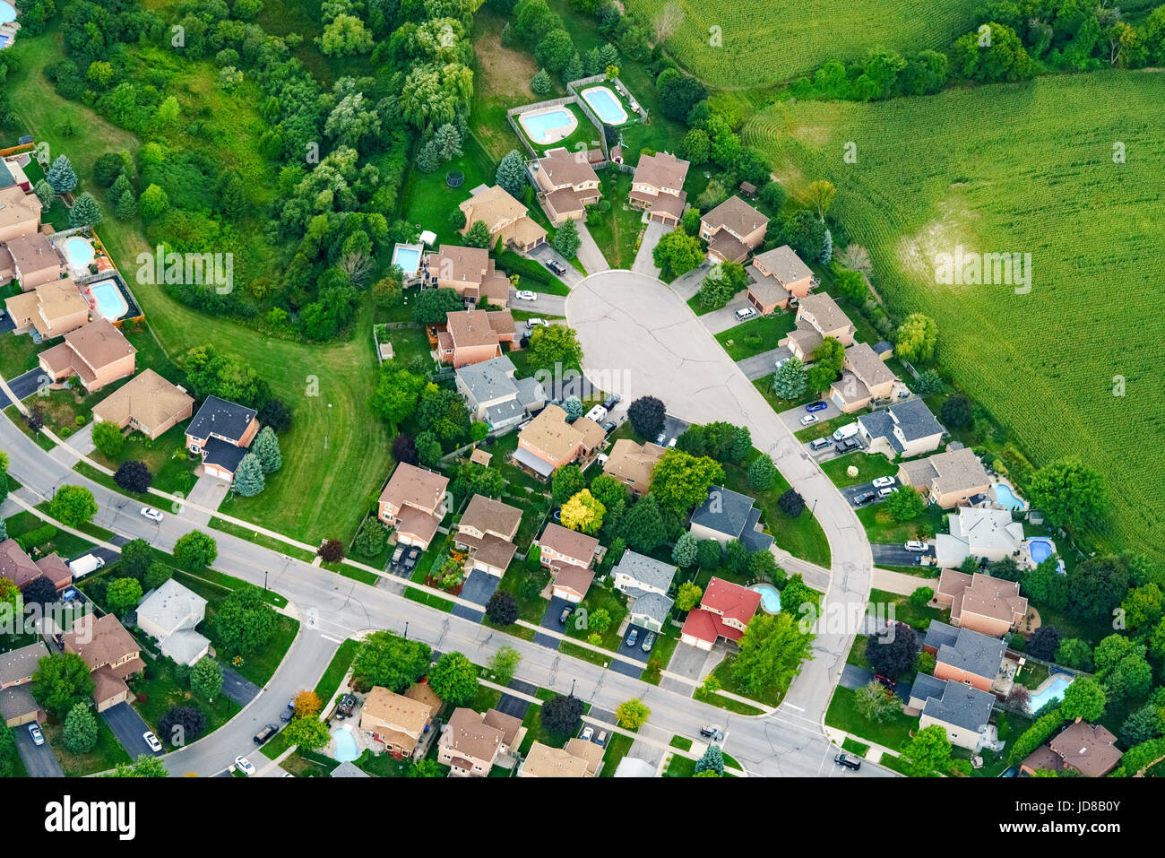 Aerial view of houses in residential suburb, Toronto, Ontario, Canada ...