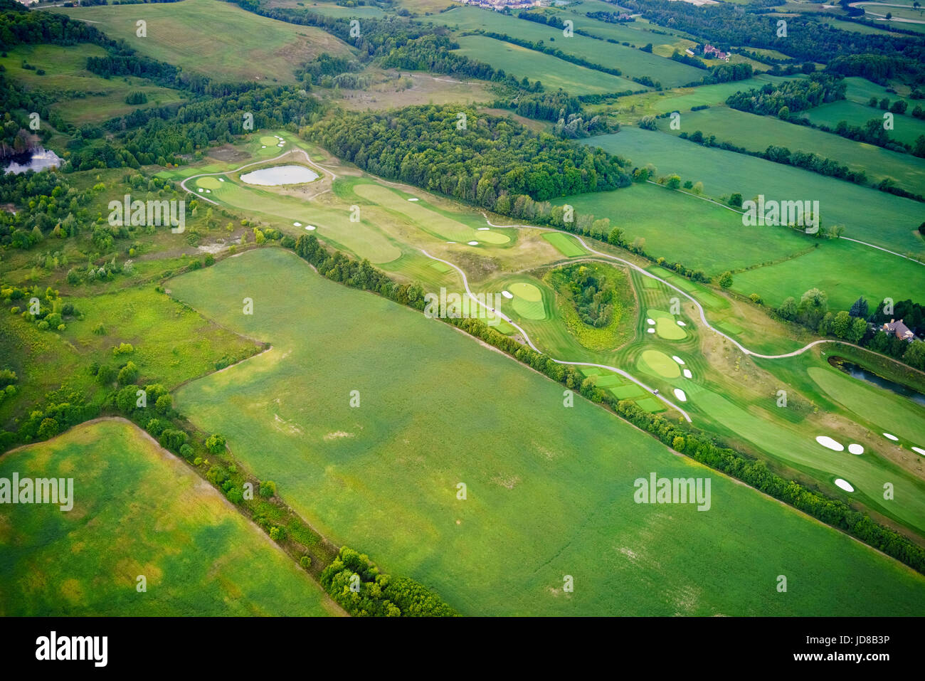 High angle view of golf course amongst fields, Toronto, Ontario, Canada ...