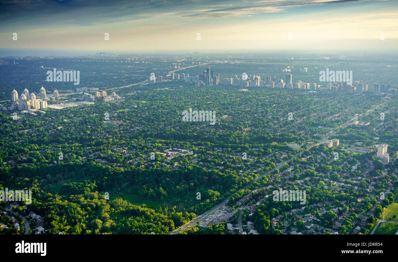Elevated view of residential suburbs and urban areas, Toronto, Ontario ...
