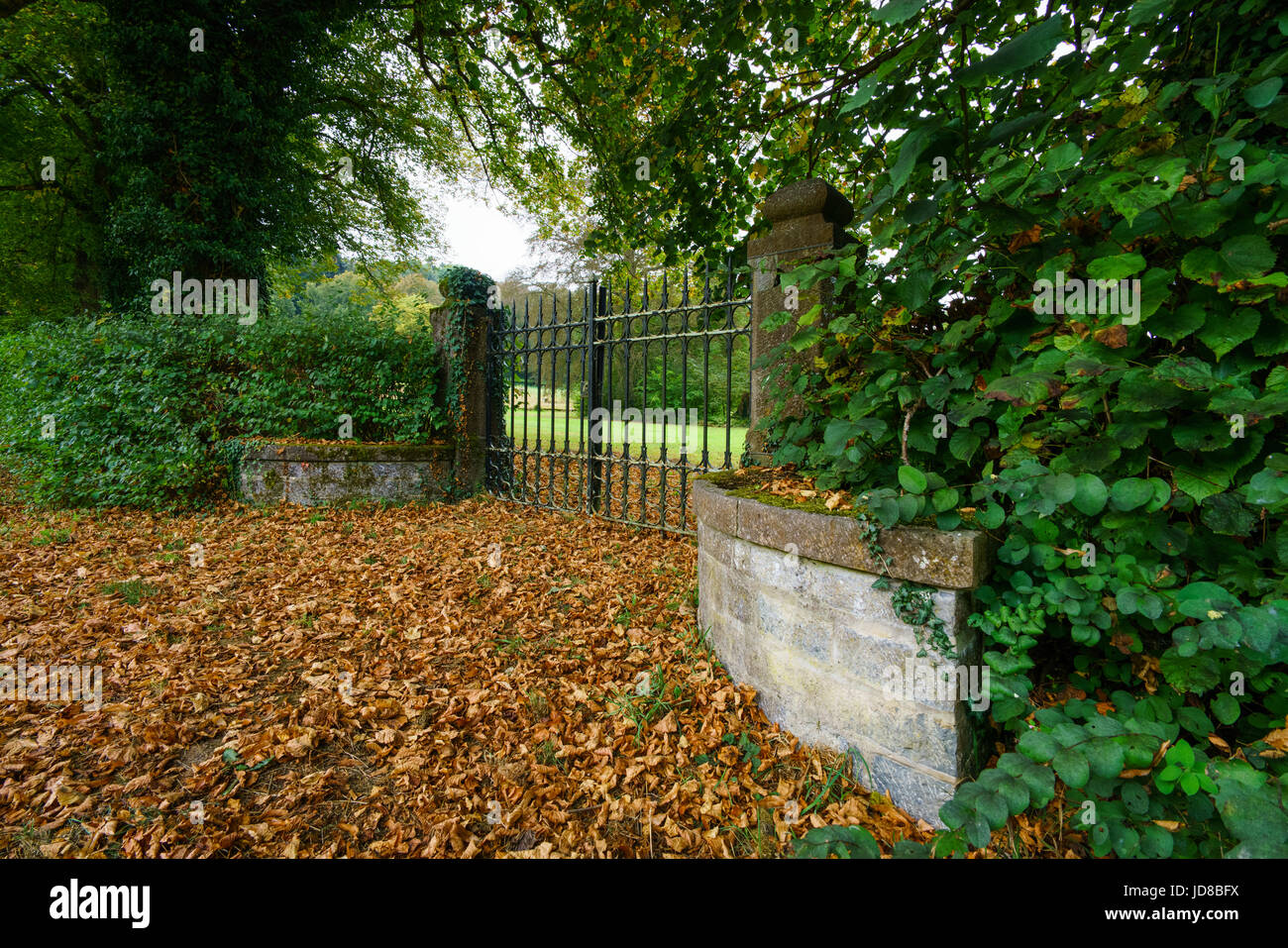 Old open metal gates and autumn leaves on the ground, Belgium. belgium ...