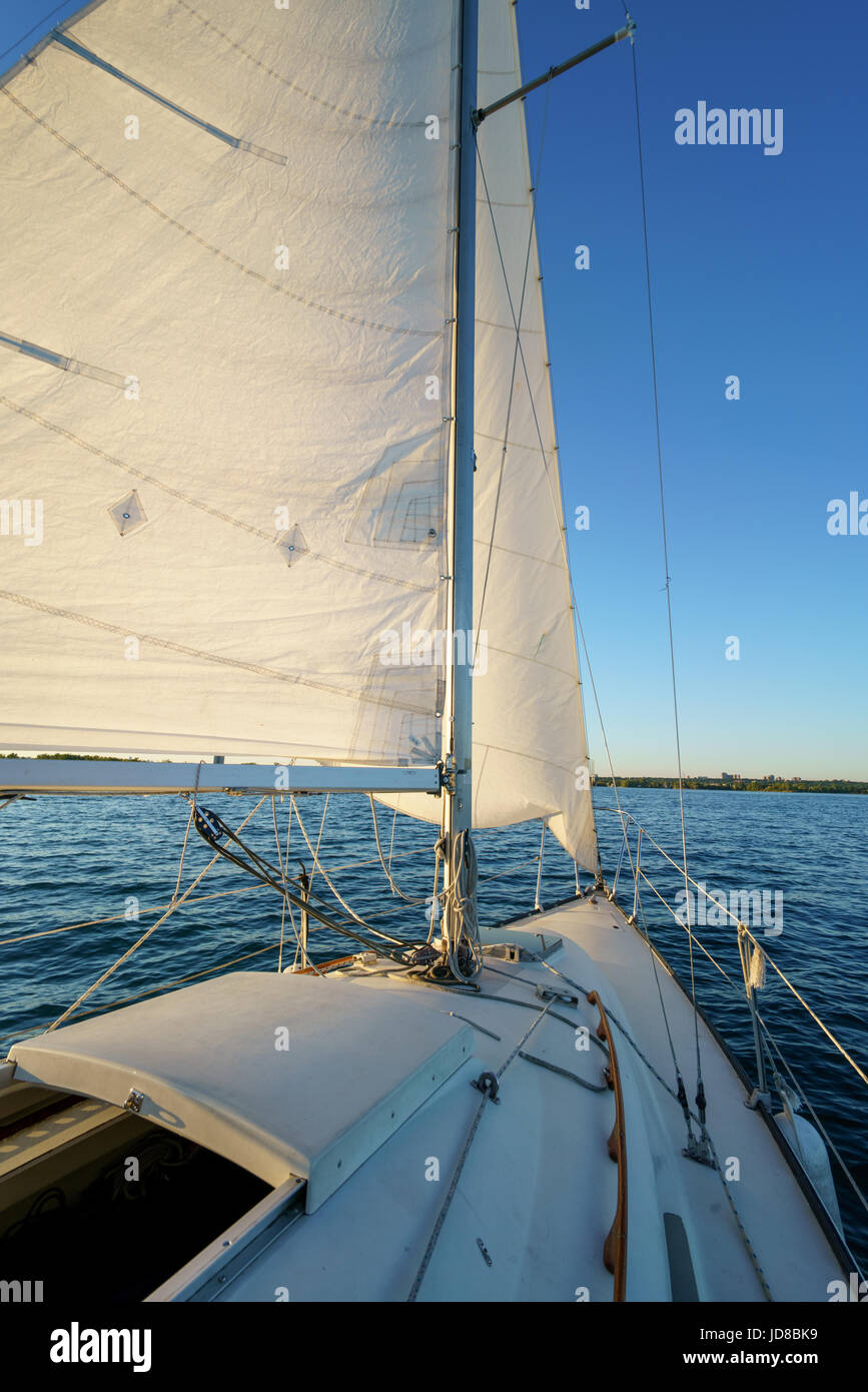 Sail on boat out at sea, with horizon, sunny day. sailing ...