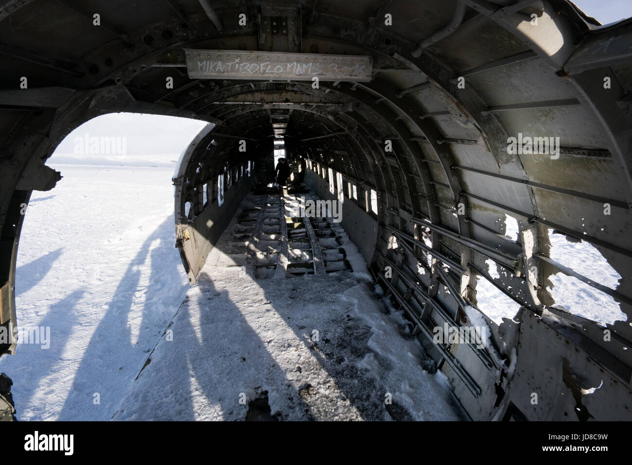 Interior of plane wreck on snow covered landscape, Iceland, Europe ...