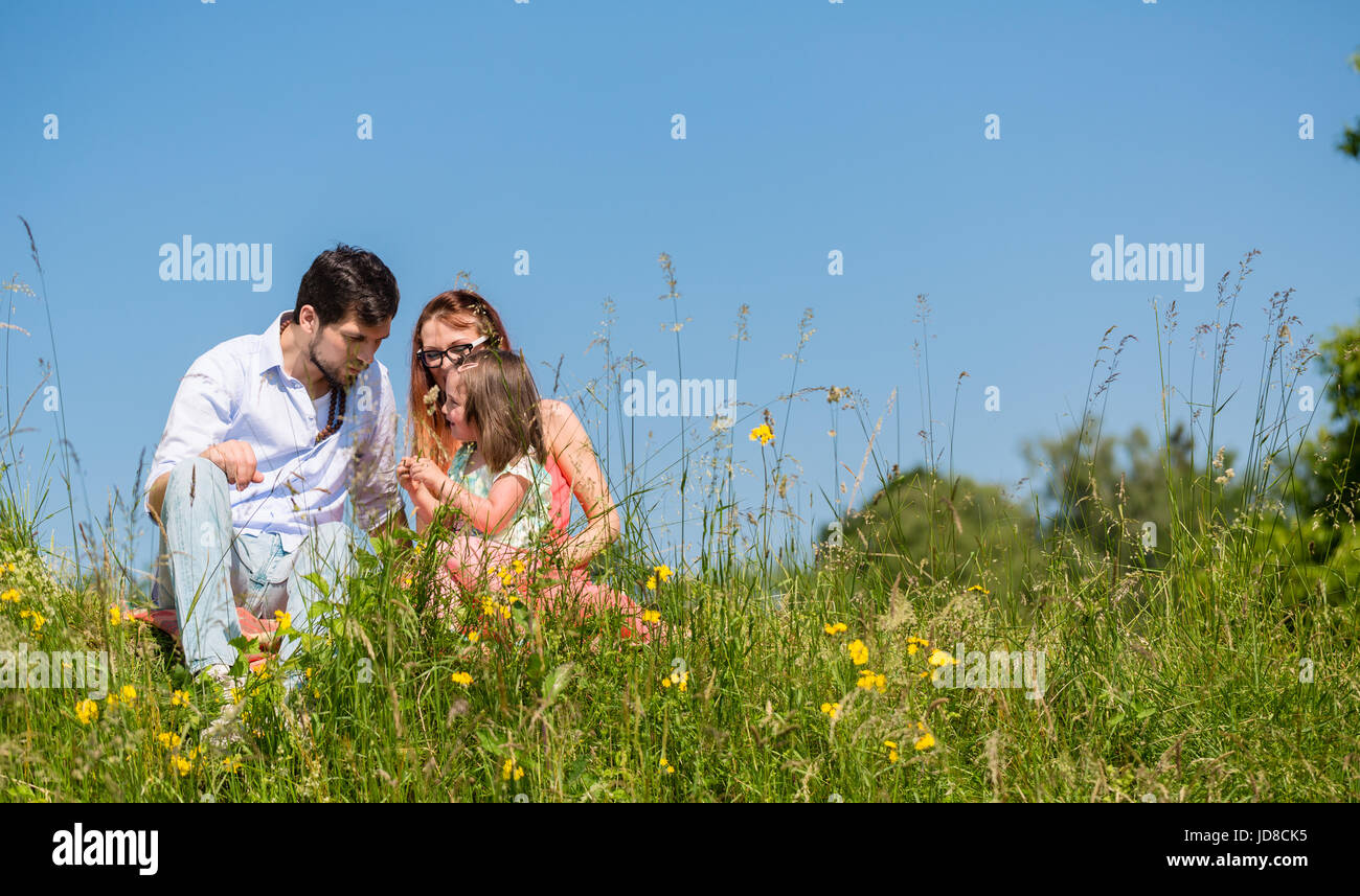 Family cuddling sitting at meadow on a summer day with blue sky Stock ...