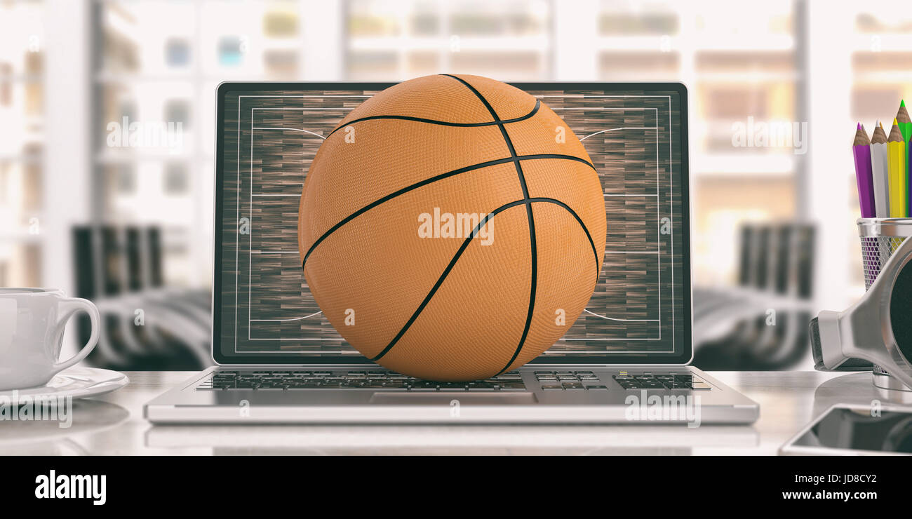 Basketball ball on a laptop - office background. 3d illustration Stock ...