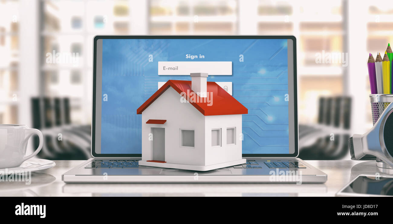 Small house on a laptop - office background. 3d illustration Stock ...