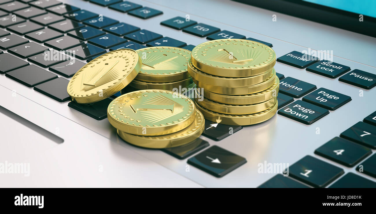 Golden coins stacks on a computer keyboard. 3d illustration Stock Photo ...