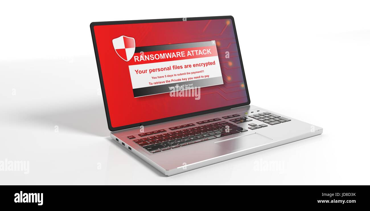 Ransomware alert on a laptop screen - white background. 3d illustration ...