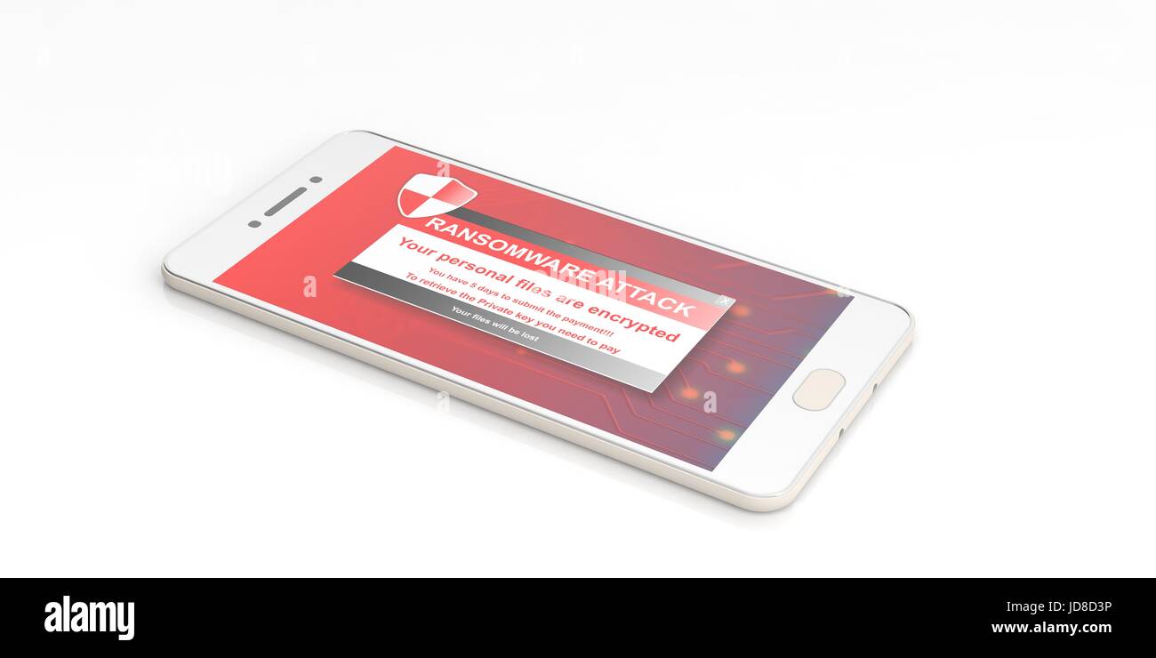 Ransomware alert on a mobile phone screen - white background. 3d ...