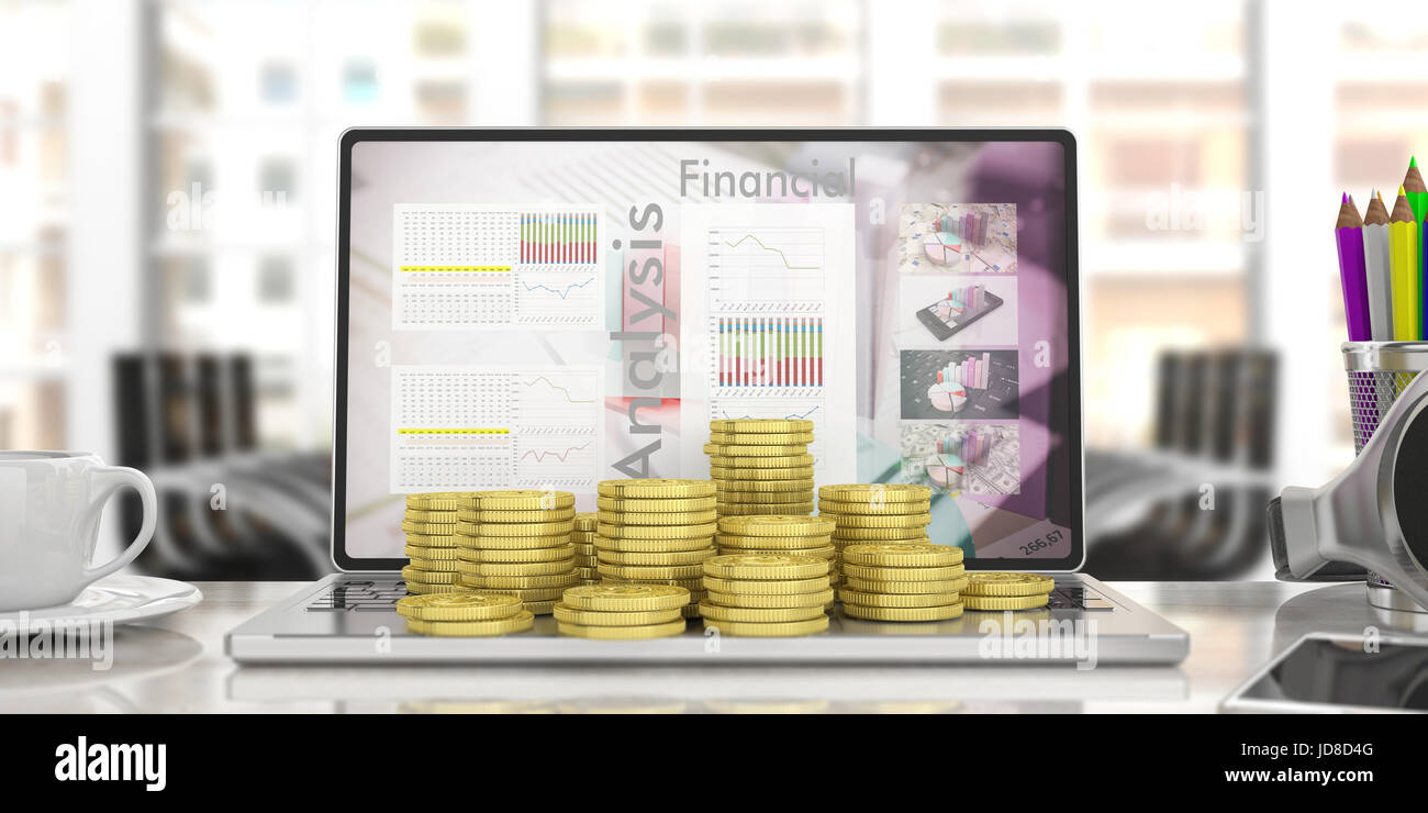 Golden coins stacks on a computer - office background. 3d illustration ...