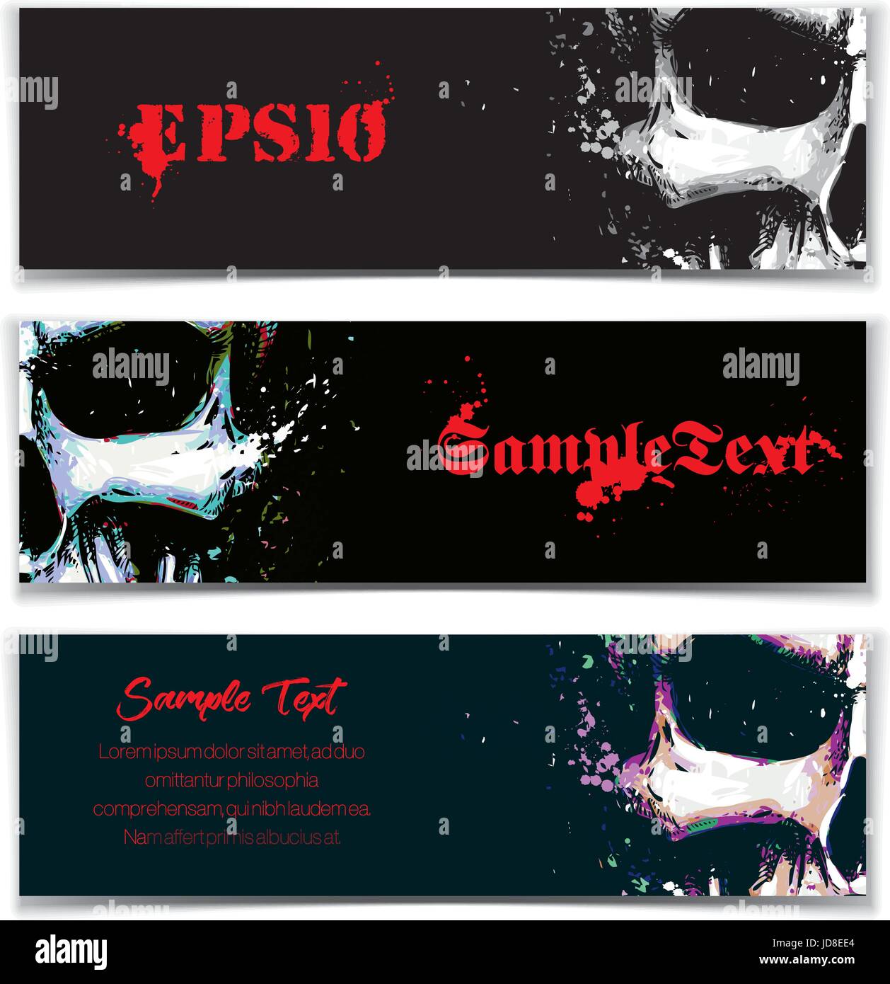 Vector illustration of an artistic render of a human skull. Set of 3 ...