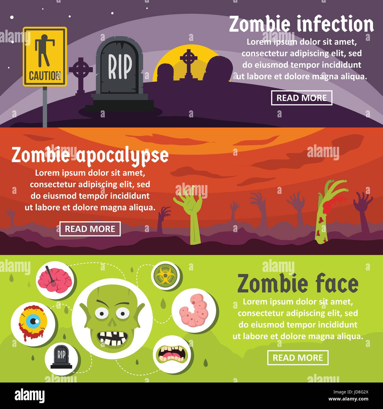 Zombie coming banner horizontal set, flat style Stock Vector Image ...