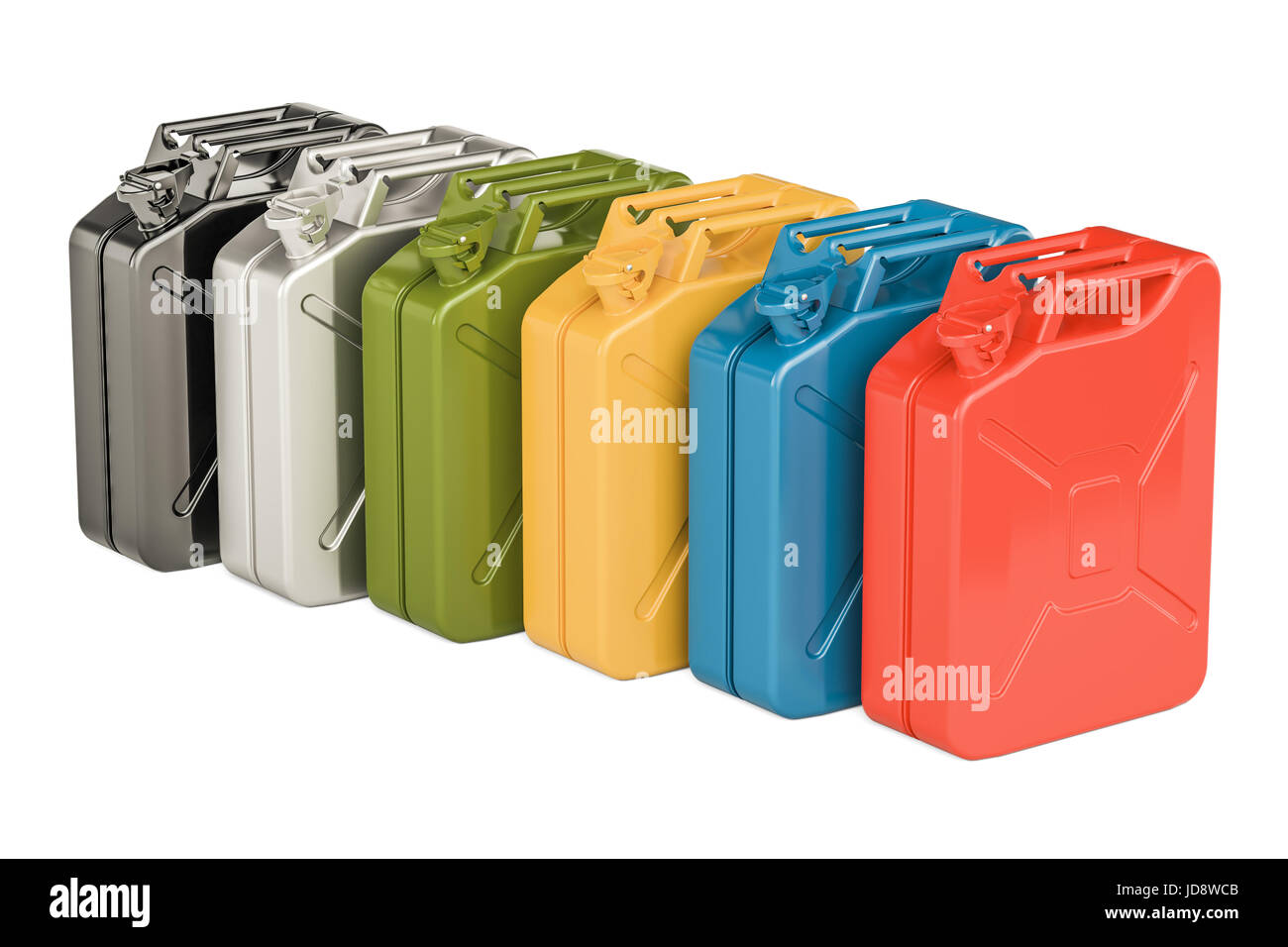 Colored steel jerry cans in row, 3D rendering isolated on white ...