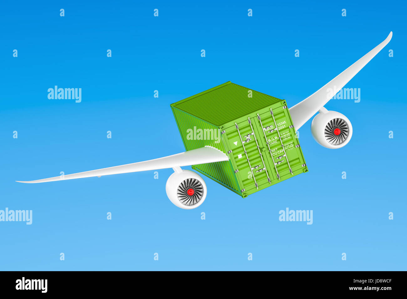 Delivery concept. Cargo container with wings flying in the sky, 3D ...