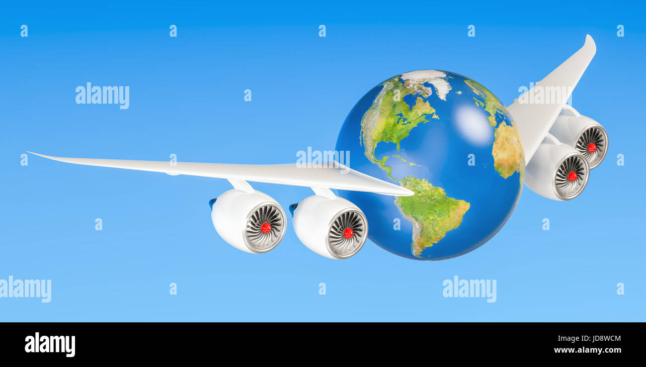 Earth globe with wings flying in the sky. Travel concept, 3D rendering ...