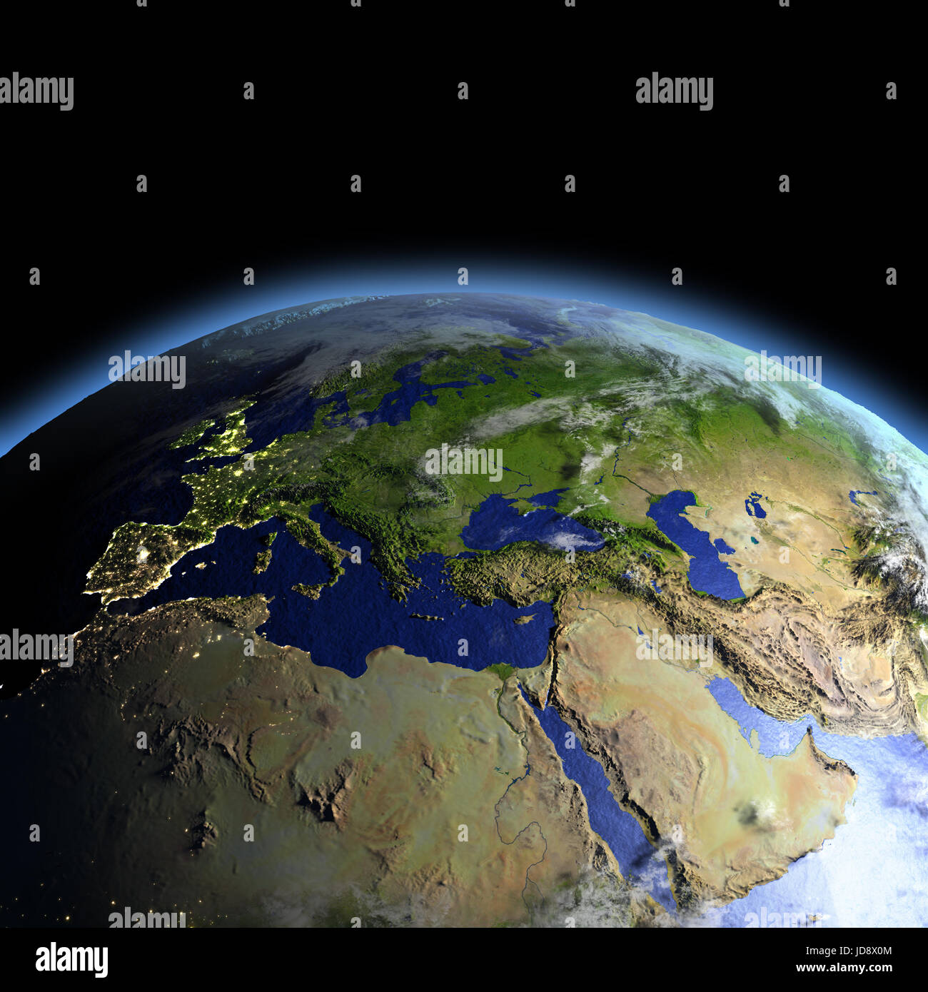 EMEA region lit by morning light as seen from Earth's orbit in space ...