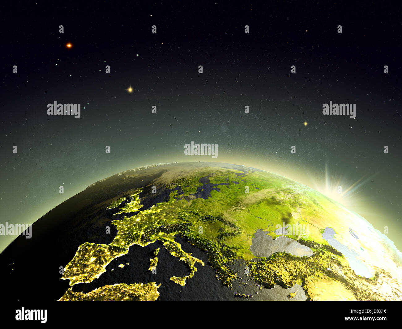 Sunrise above Europe from Earth's orbit in space. 3D illustration with ...