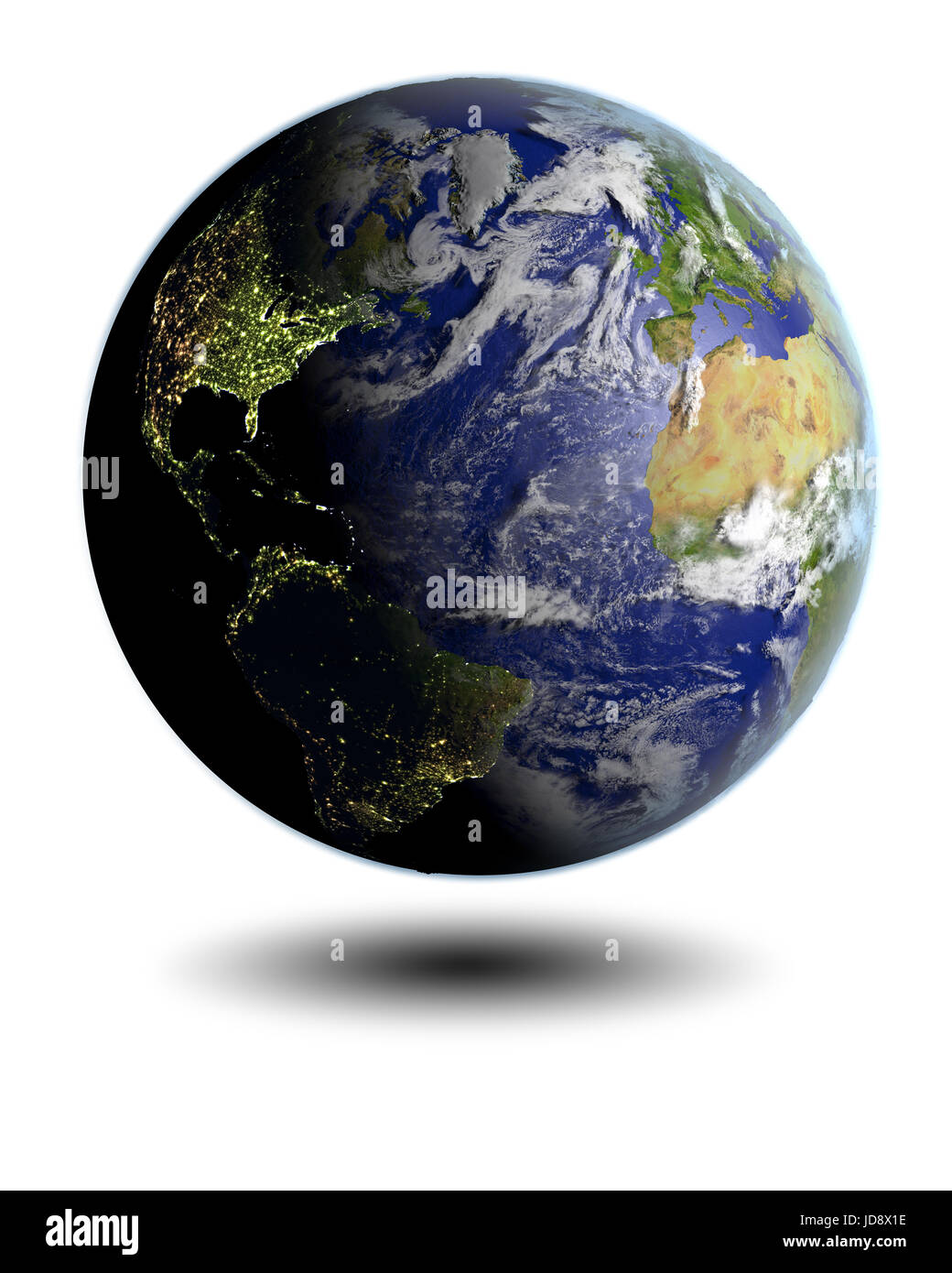 Earth lit by morning light facing Northern Hemisphere hovering above ...