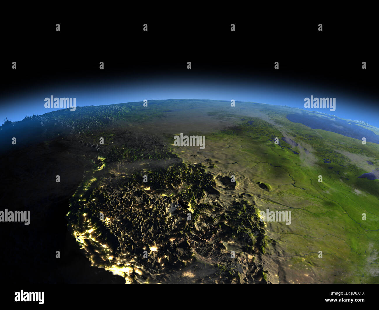 California from space at night with visible illuminated city lights. 3D ...