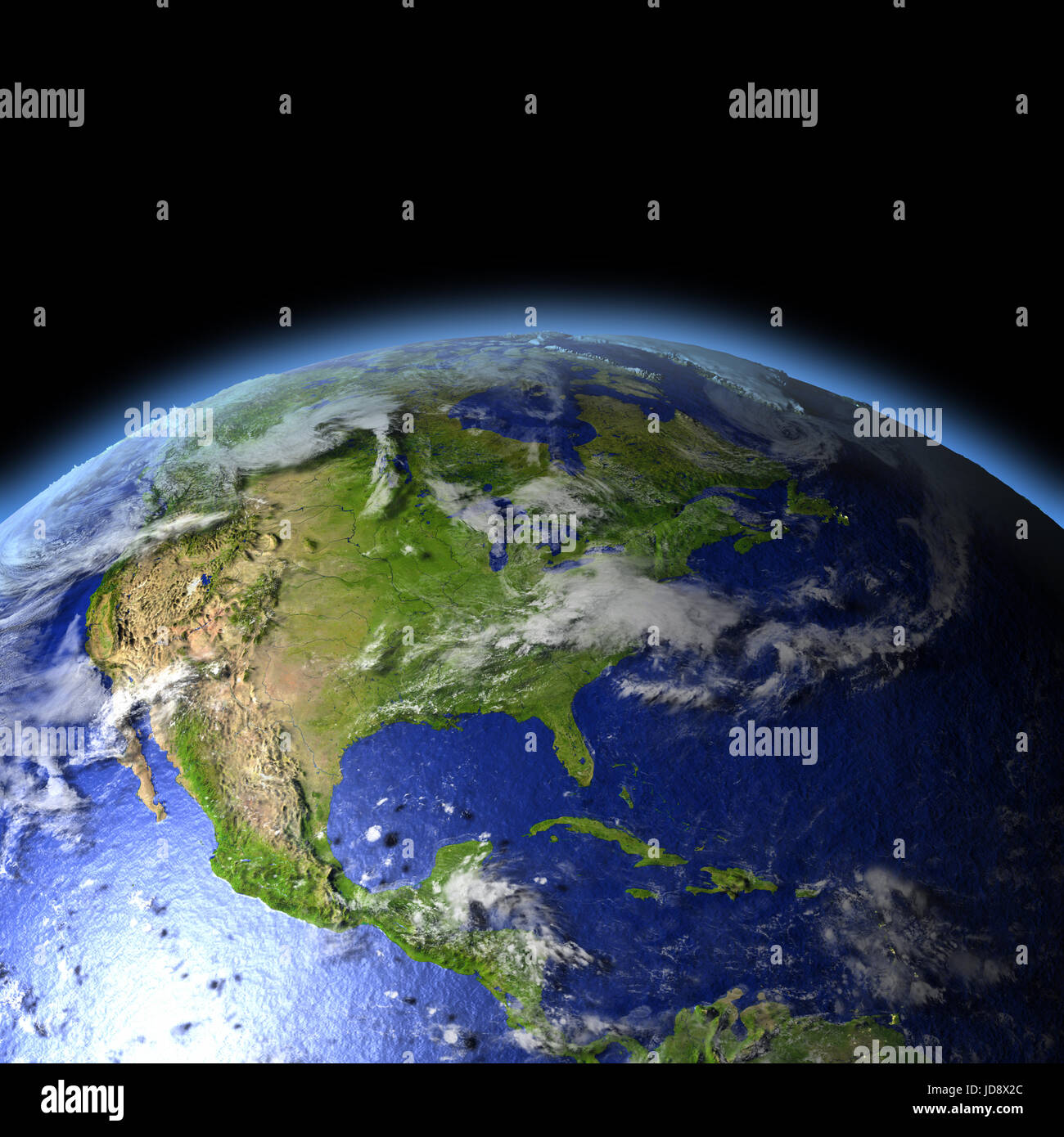 Central and North America on planet Earth lit by evening sun. 3D ...