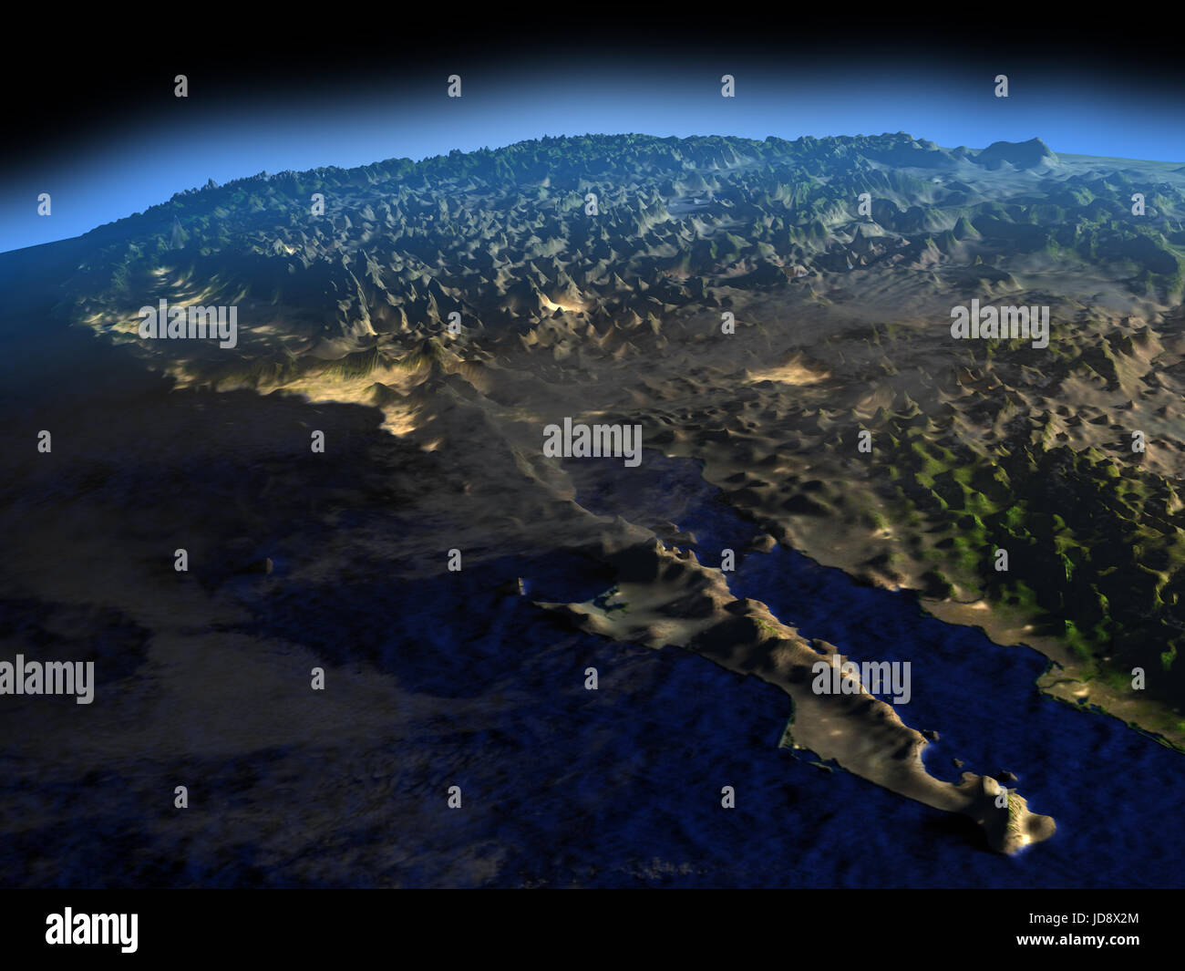Californian peninsula from space at night with visible illuminated city ...