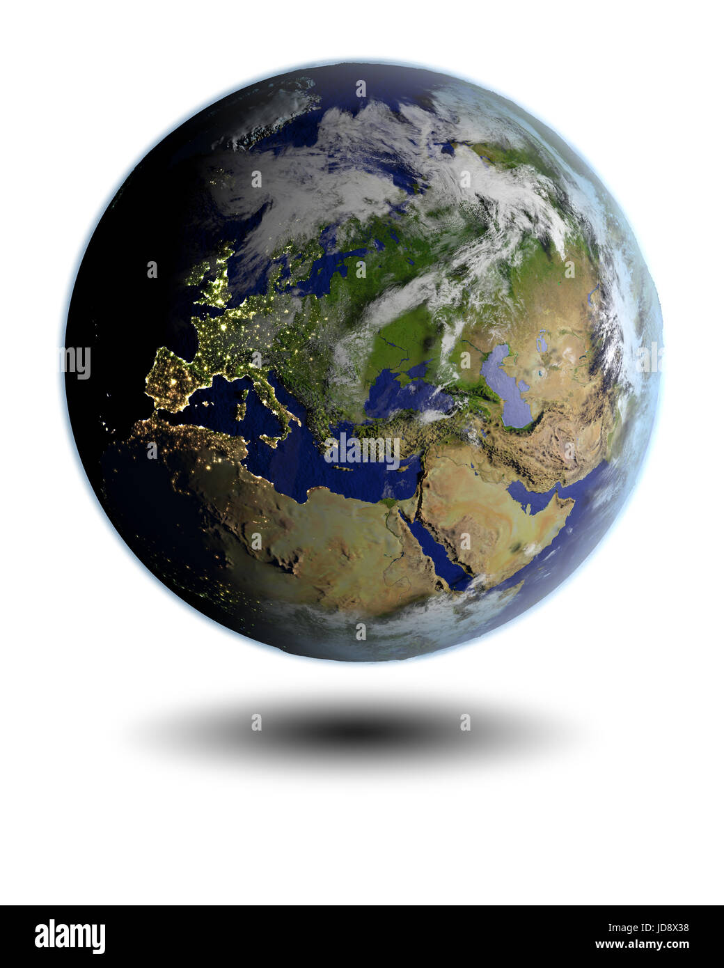 Earth lit by morning light facing Europe hovering above white surface ...