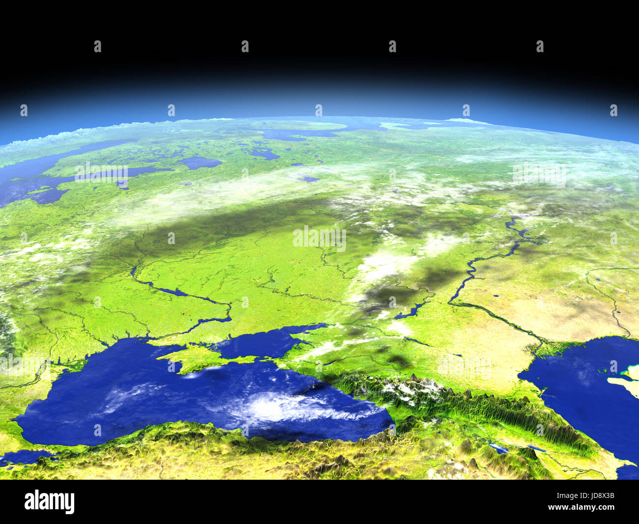 Caucasus region from Earth's orbit in space. 3D illustration with ...