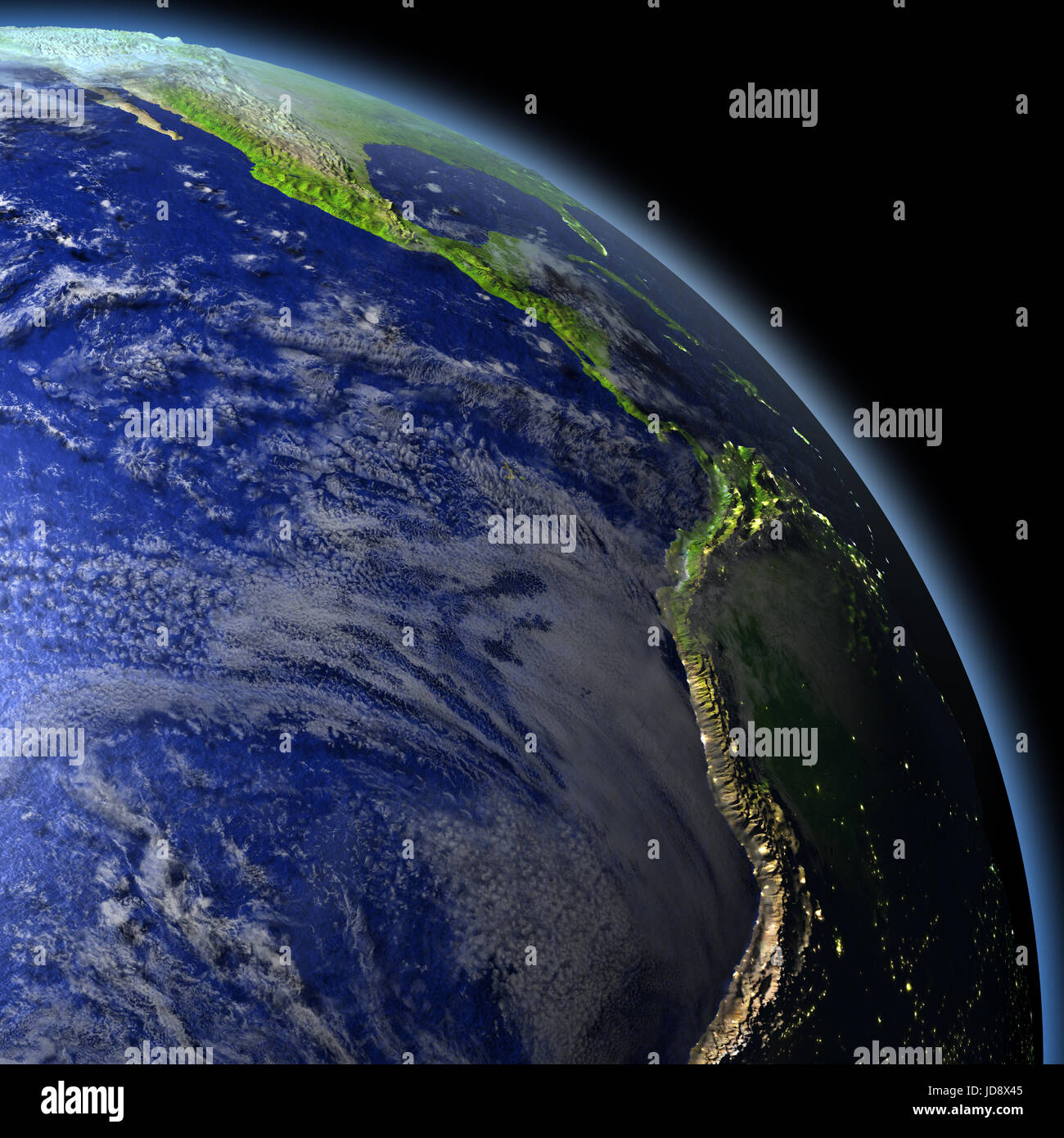 Eastern Pacific from Earth's orbit in space. 3D illustration with ...