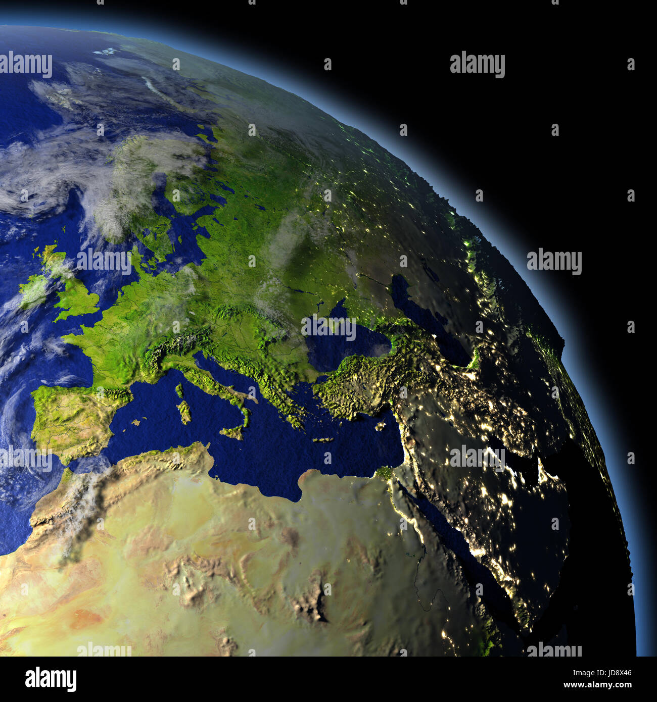 EMEA region from Earth's orbit in space. 3D illustration with detailed ...