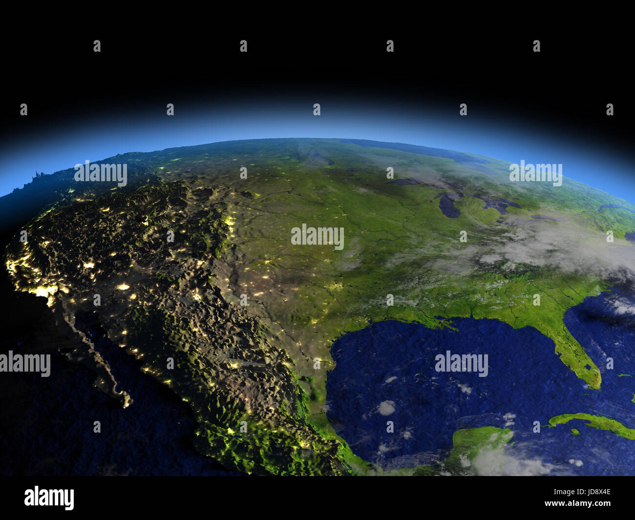 South of USA from space at night with visible illuminated city lights ...