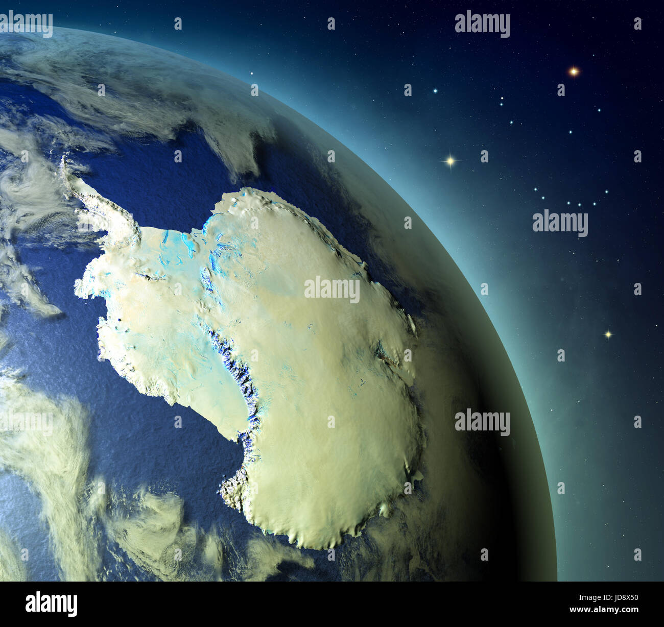 Antarctica on planet Earth with glowing atmosphere lit by evening sun ...