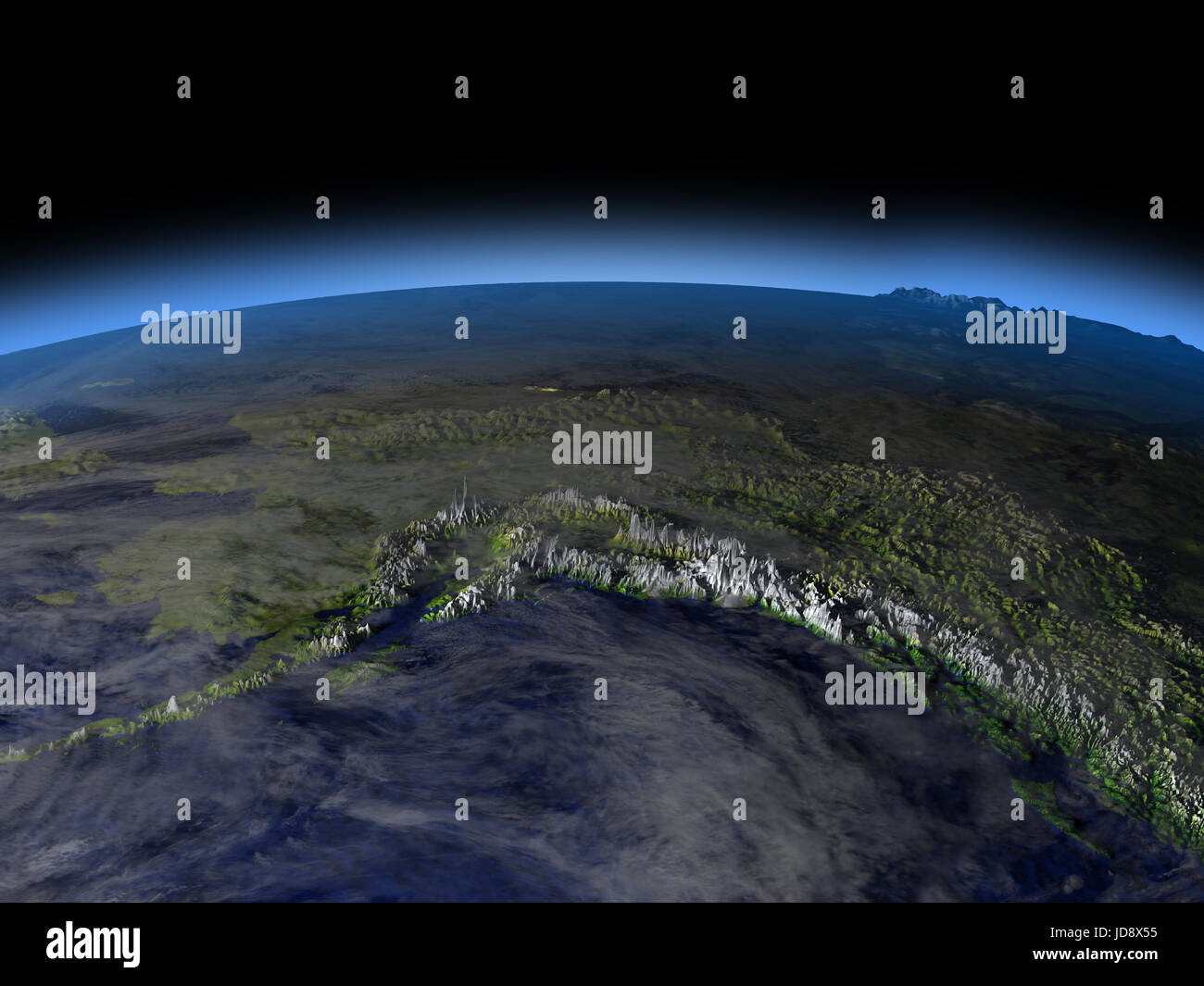 Alaska from space at night with visible illuminated city lights. 3D ...