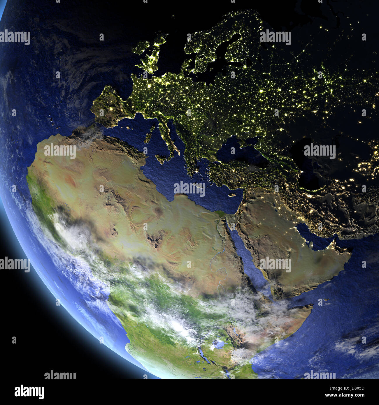 EMEA region from Earth's orbit in space. 3D illustration with detailed ...