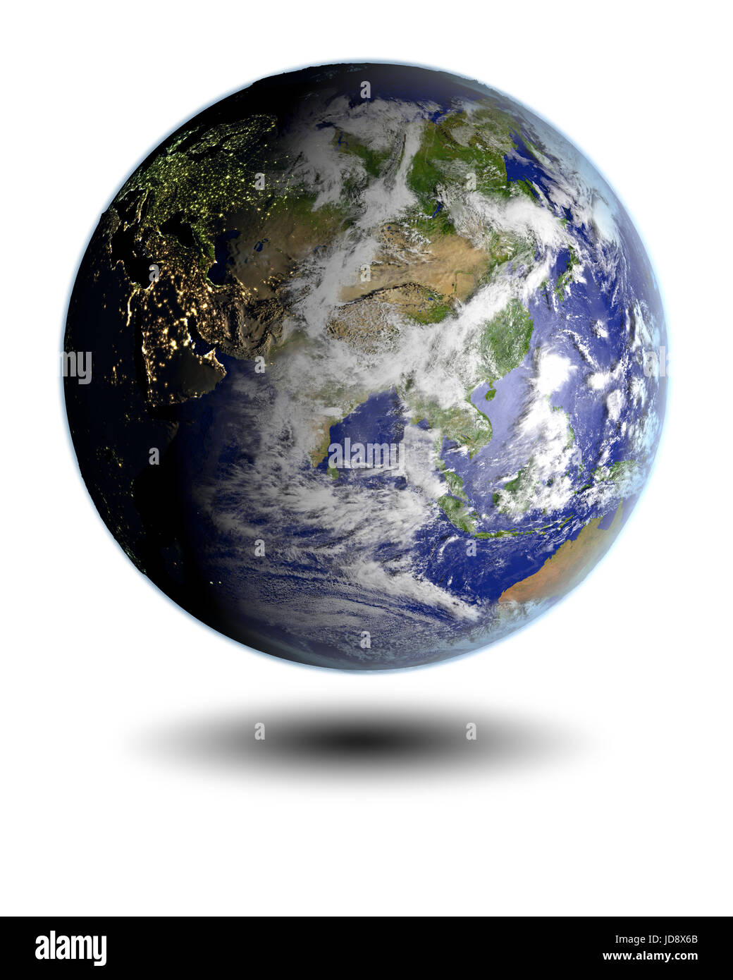 Earth lit by morning light facing Asia hovering above white surface. 3D ...