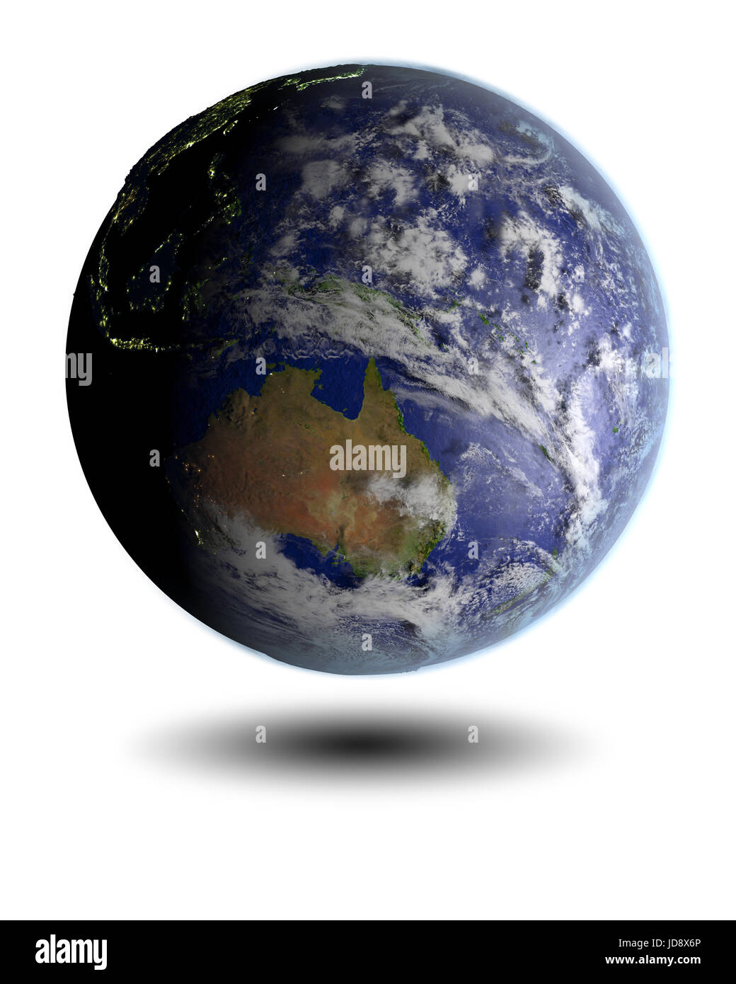 Earth lit by morning light facing Australia hovering above white ...