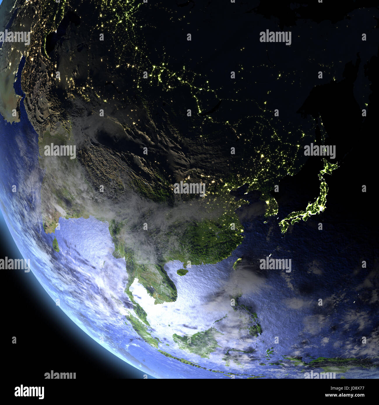 East Asia from Earth's orbit in space. 3D illustration with detailed ...