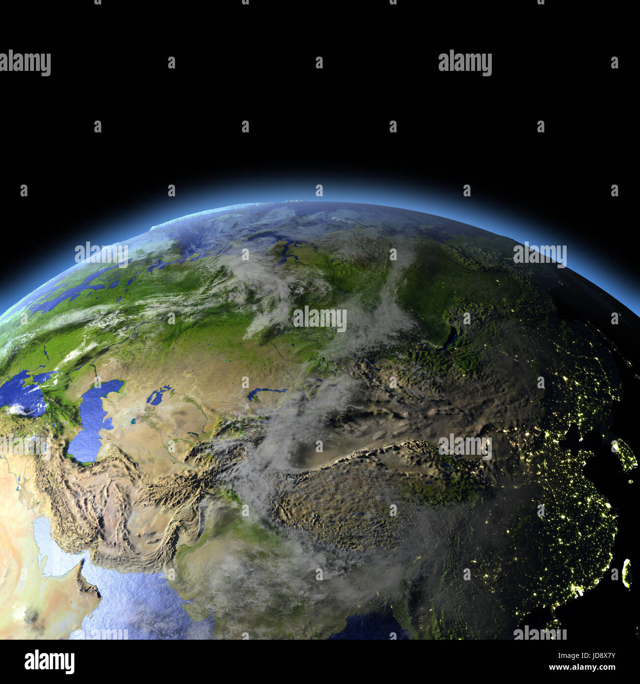 Central Asia on planet Earth lit by evening sun. 3D illustration with ...