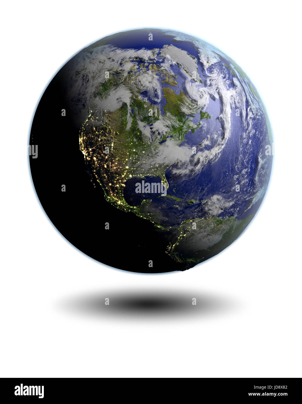 Earth lit by morning light facing North America hovering above white ...