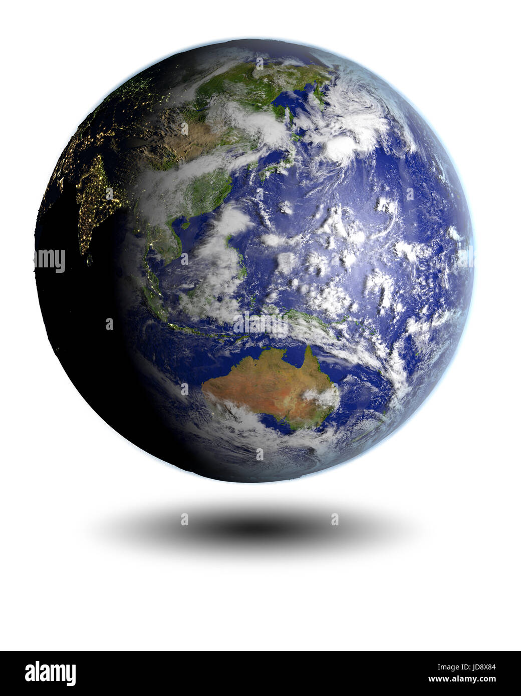 Earth lit by morning light facing East Asia hovering above white ...