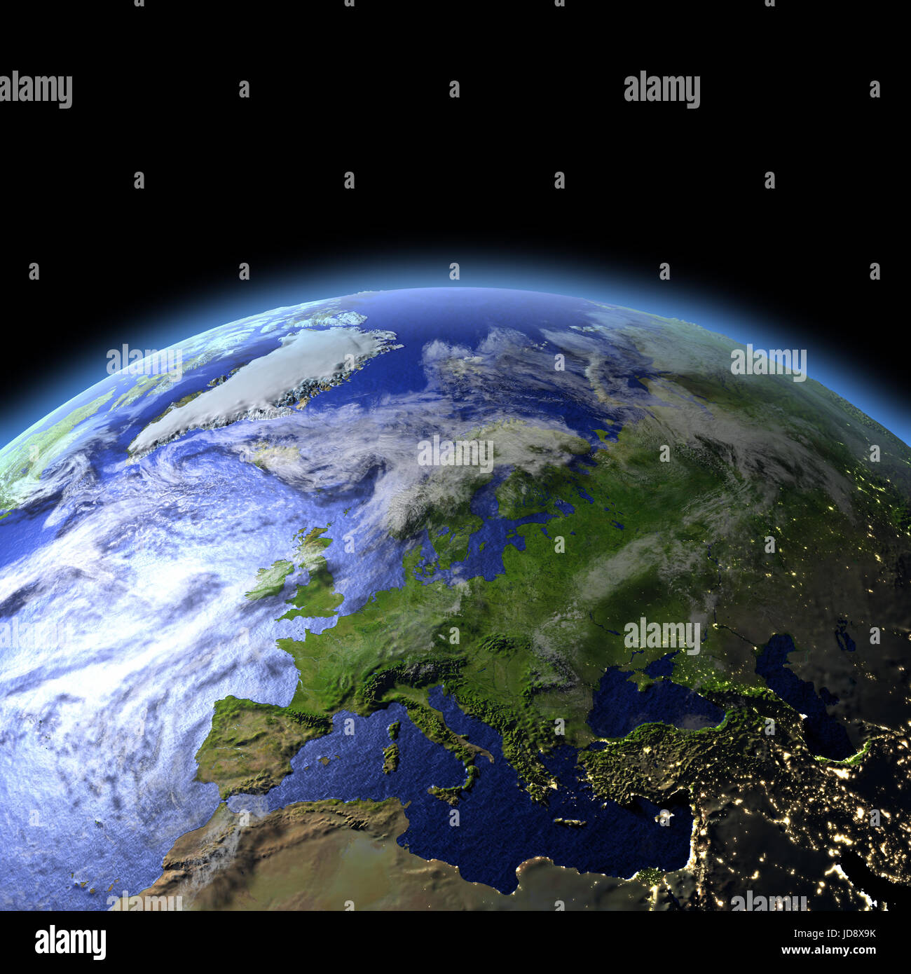 Europe on planet Earth lit by evening sun. 3D illustration with ...
