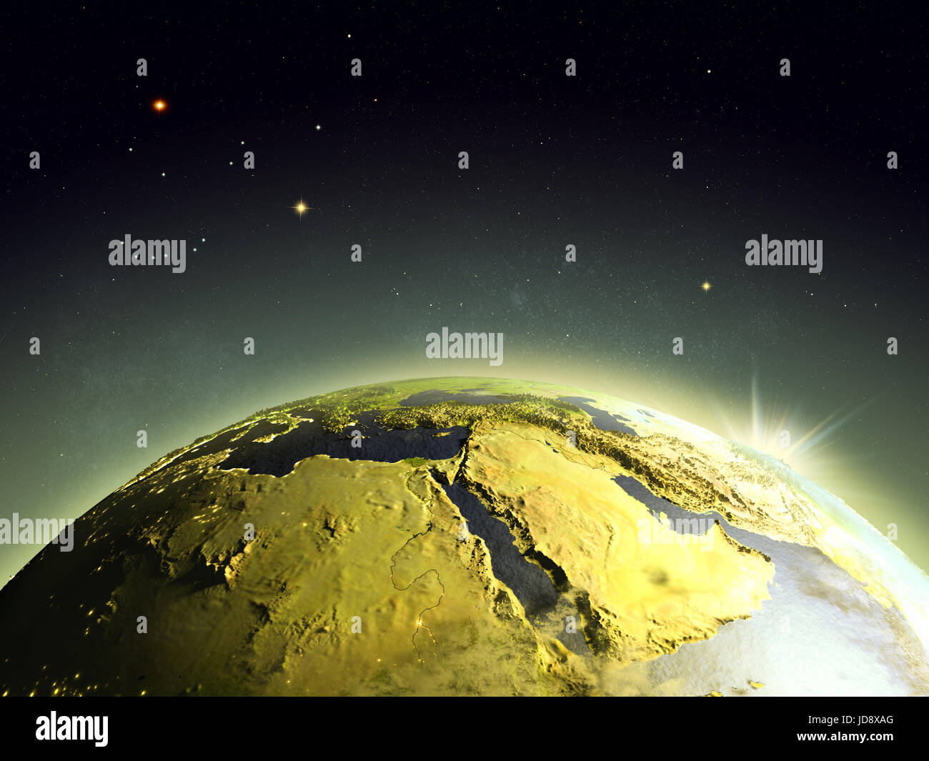 Sunrise above Middle East from Earth's orbit in space. 3D illustration ...