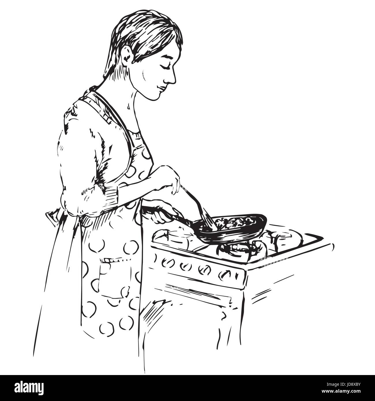 Young housewife dressed in polka dot apron stir vegetables in a frying ...