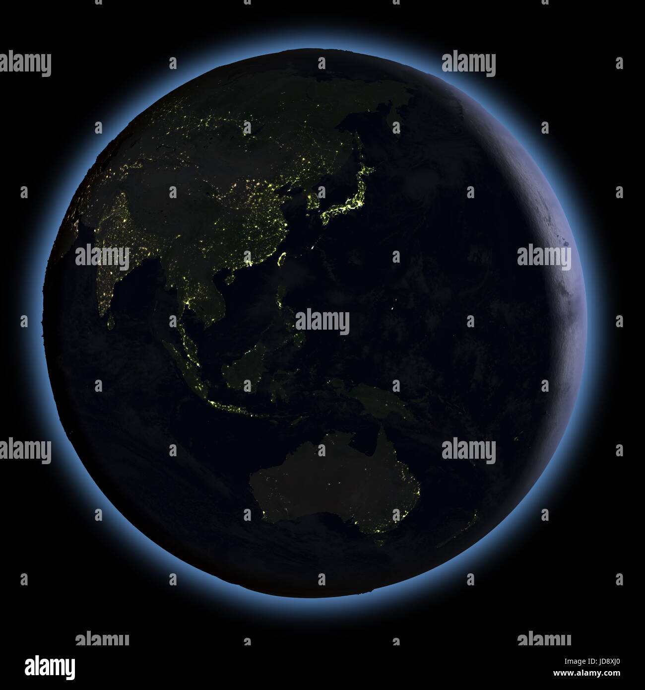 East Asia at night from Earth's orbit in space. 3D illustration with ...