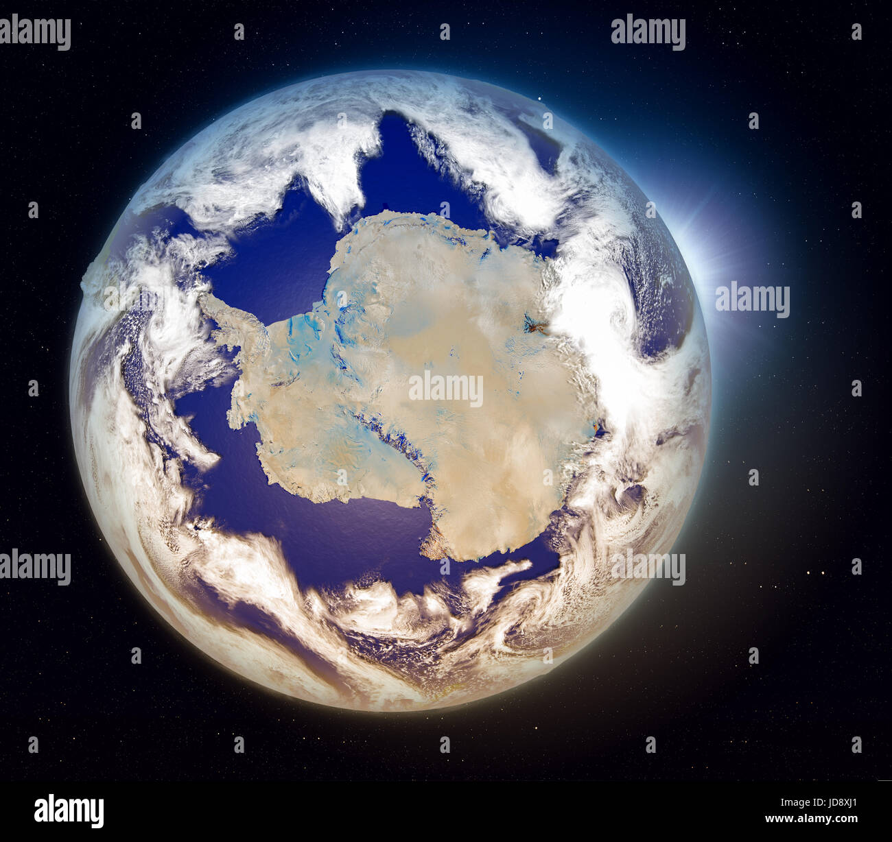 Sunrise above planet Earth facing Antarctica. 3D illustration with ...