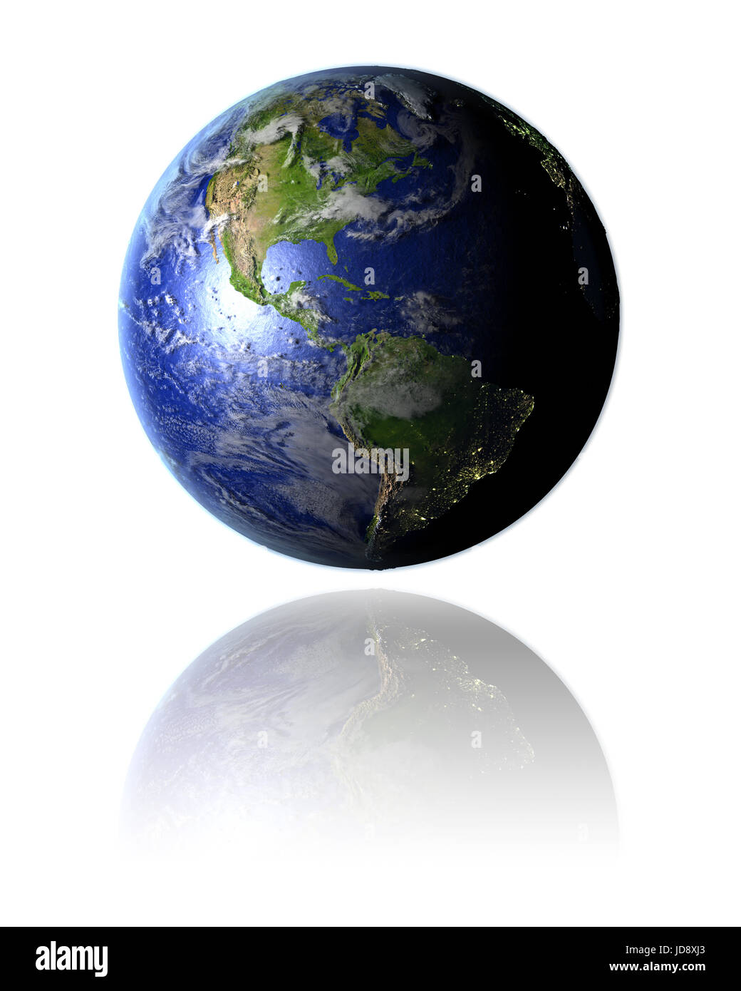 Model of planet Earth facing Americas hovering above reflective bright ...