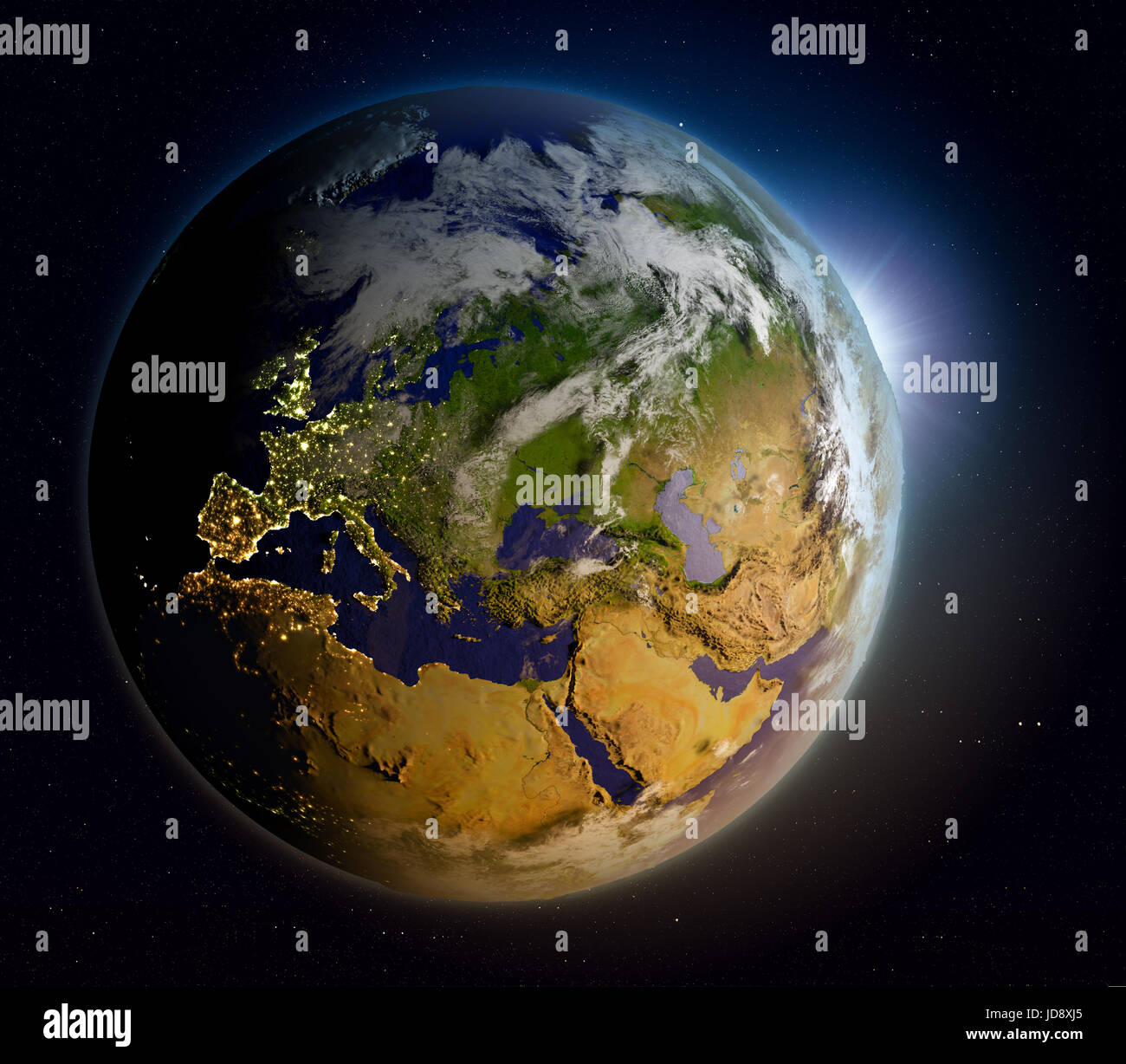 Sunrise above planet Earth facing Europe. 3D illustration with ...