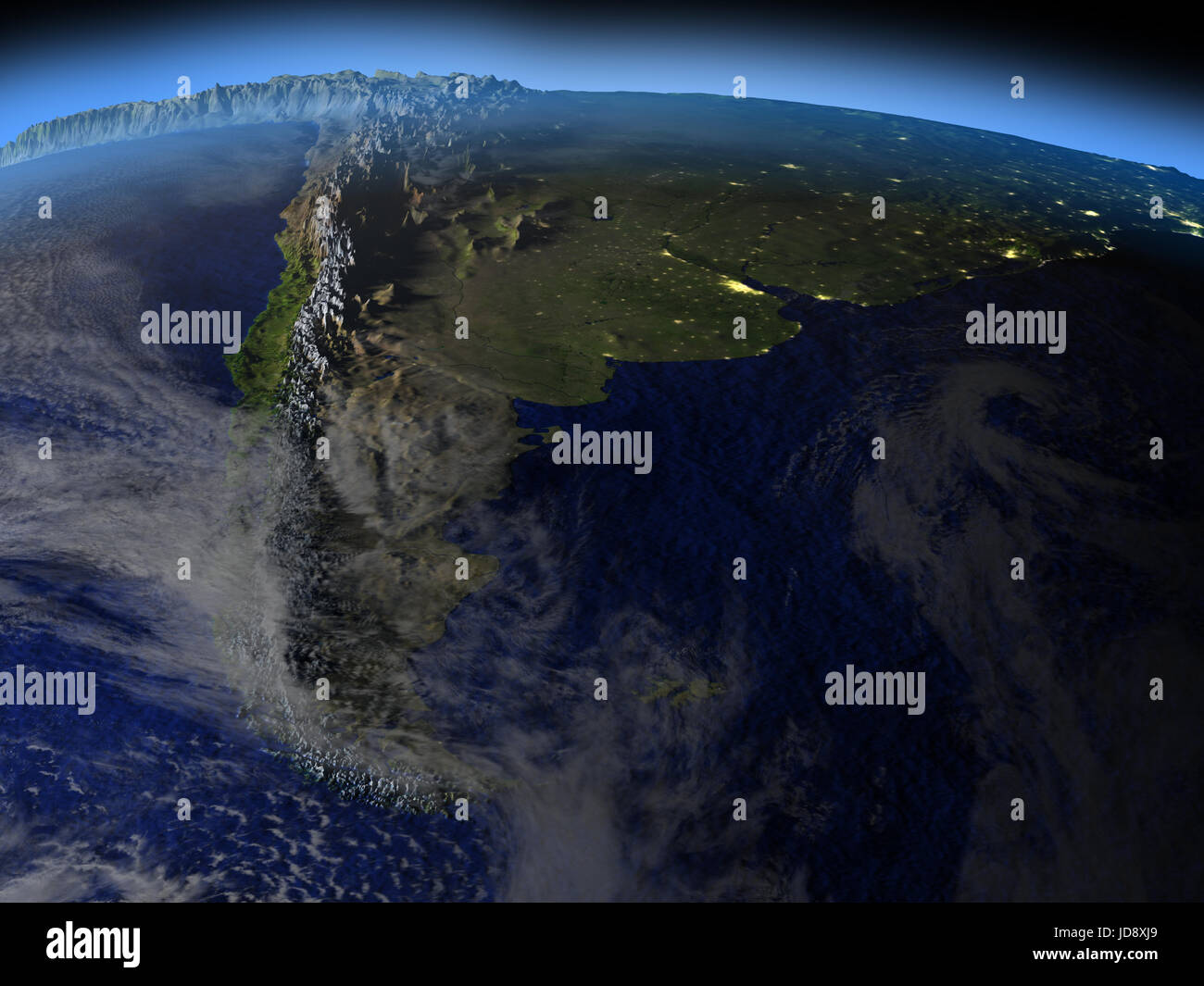 Patagonia at night as seen from Earth's orbit in space. 3D illustration ...